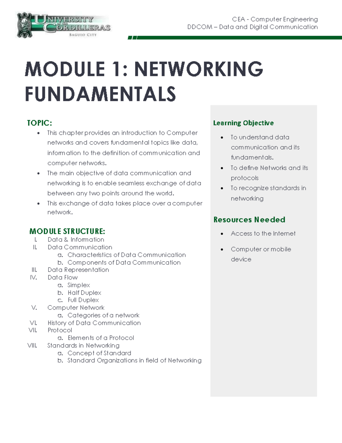 Ddcom-Module 1 - Data - DDCOM 3 Data and Digital Communication MODULE 1: NETWORKING FUNDAMENTALS ...