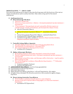 NURSING Cardiac Drugs With Key Points - 1 MEDS TO KNOW - ** = DRUG CARD ...