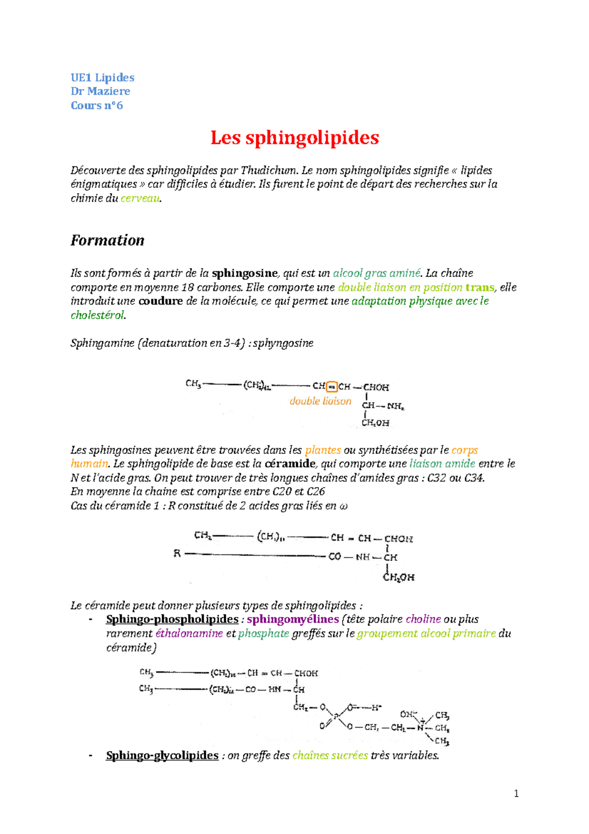 6 Les sphingolipides - UE1 Lipides Dr Maziere Cours n° Les ...