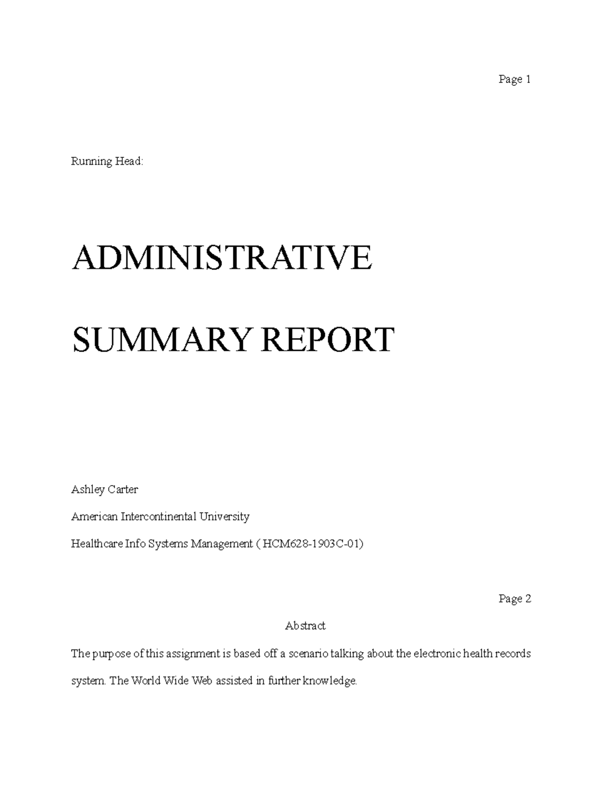 Administrative Summary Report 2019 - Page 1 Running Head ...