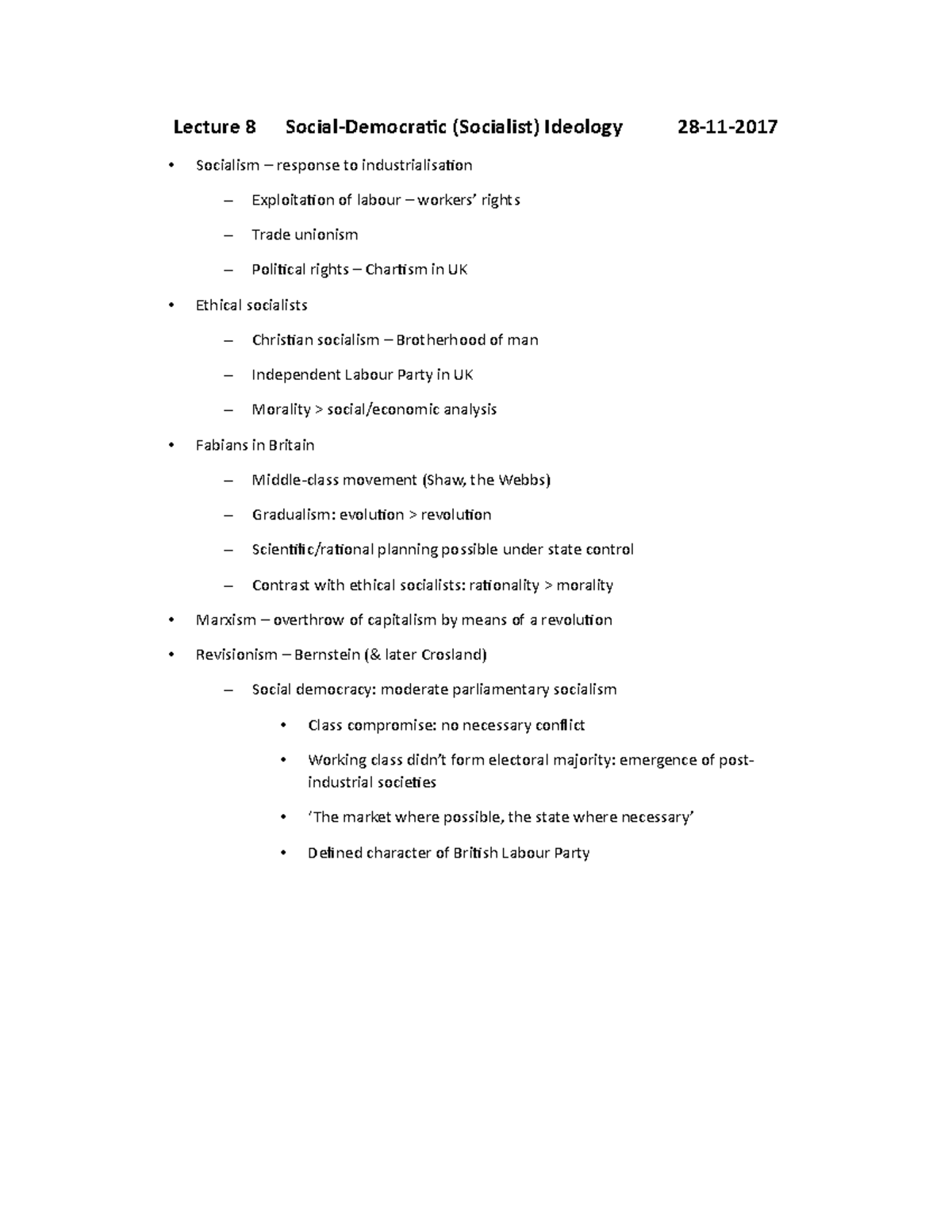 Lecture 8 - notes - Lecture 8 • • • Social-Democratic (Socialist ...