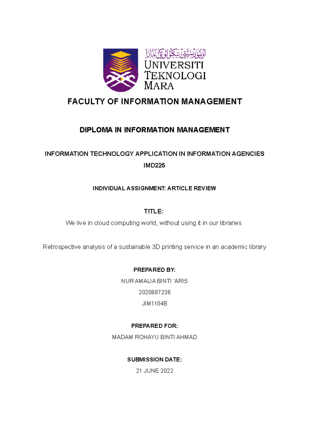 Assignment 1- Article RVW - FACULTY OF INFORMATION MANAGEMENT DIPLOMA ...