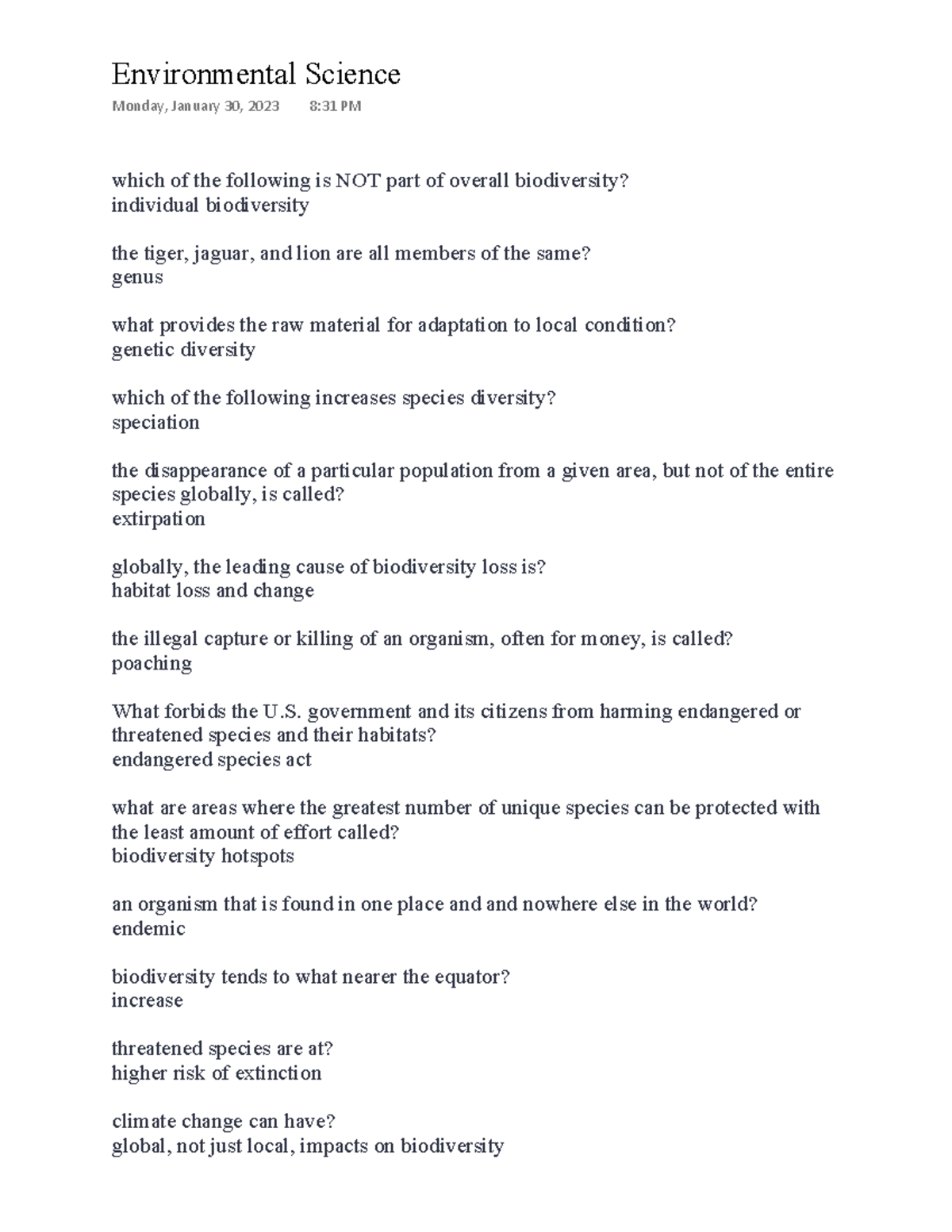 Environmental Science Chapter 15 terms - which of the following is NOT ...