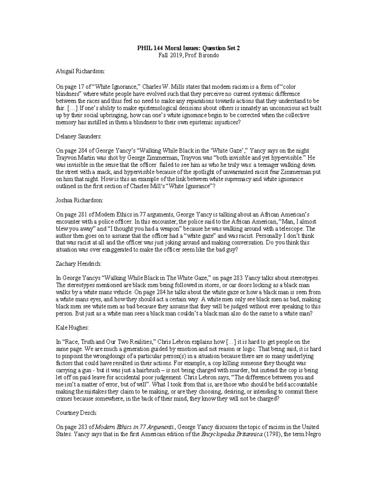 WSU 144 Q2 - Possible exam/quiz/lecture questions Dr. Birondo - PHIL ...