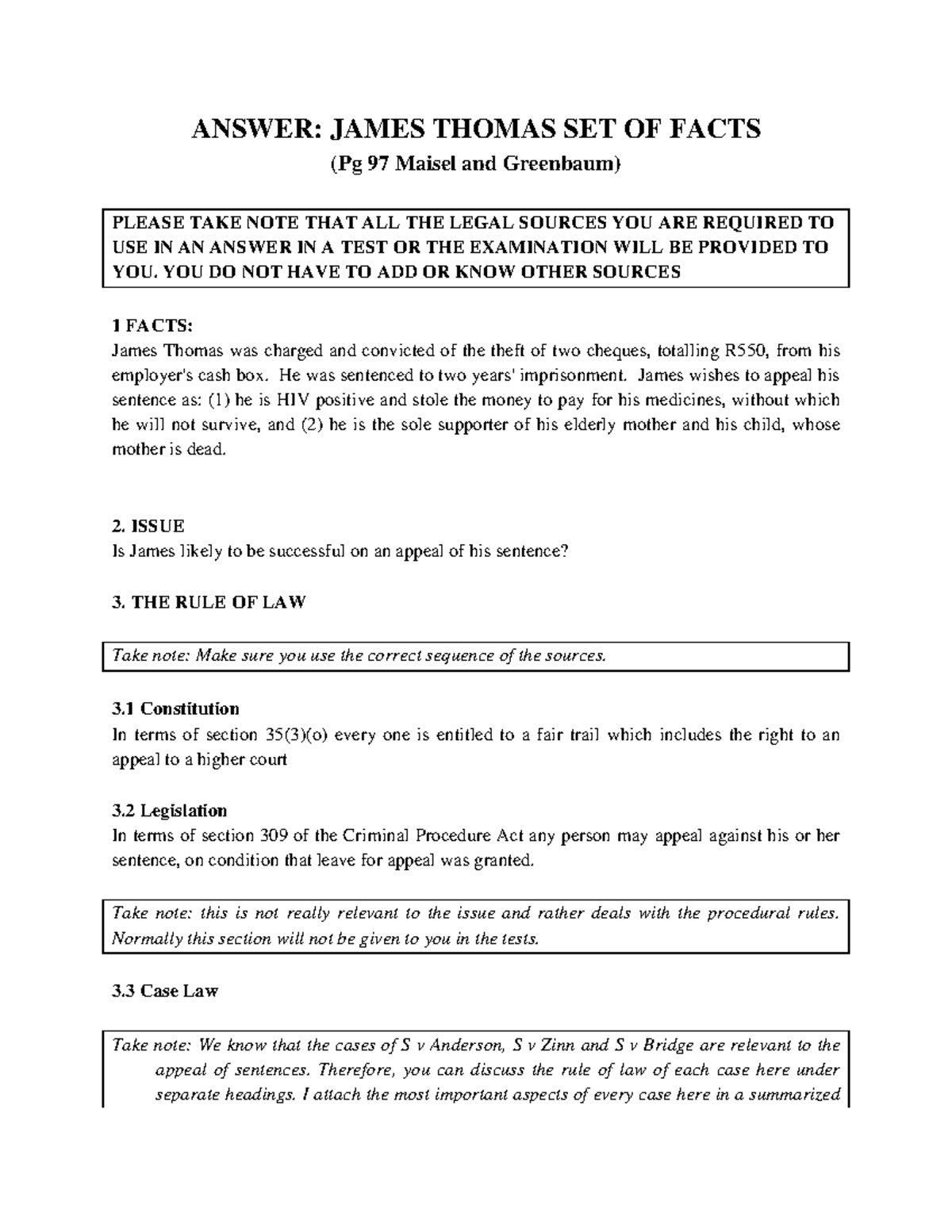 James Thomas answer in Firacll - ANSWER: JAMES THOMAS SET OF FACTS (Pg ...