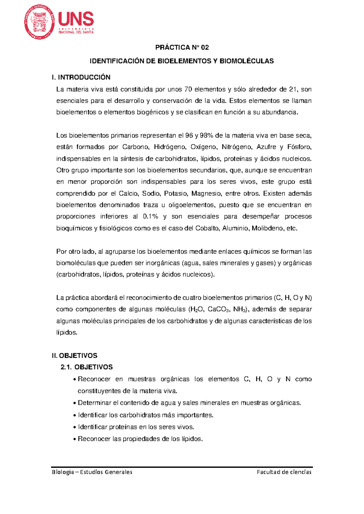 Biologia Práctica N02 - PRÁCTICA N° 0 2 IDENTIFICACIÓN DE BIOELEMENTOS Y BIOMOLÉCULAS I. - Studocu