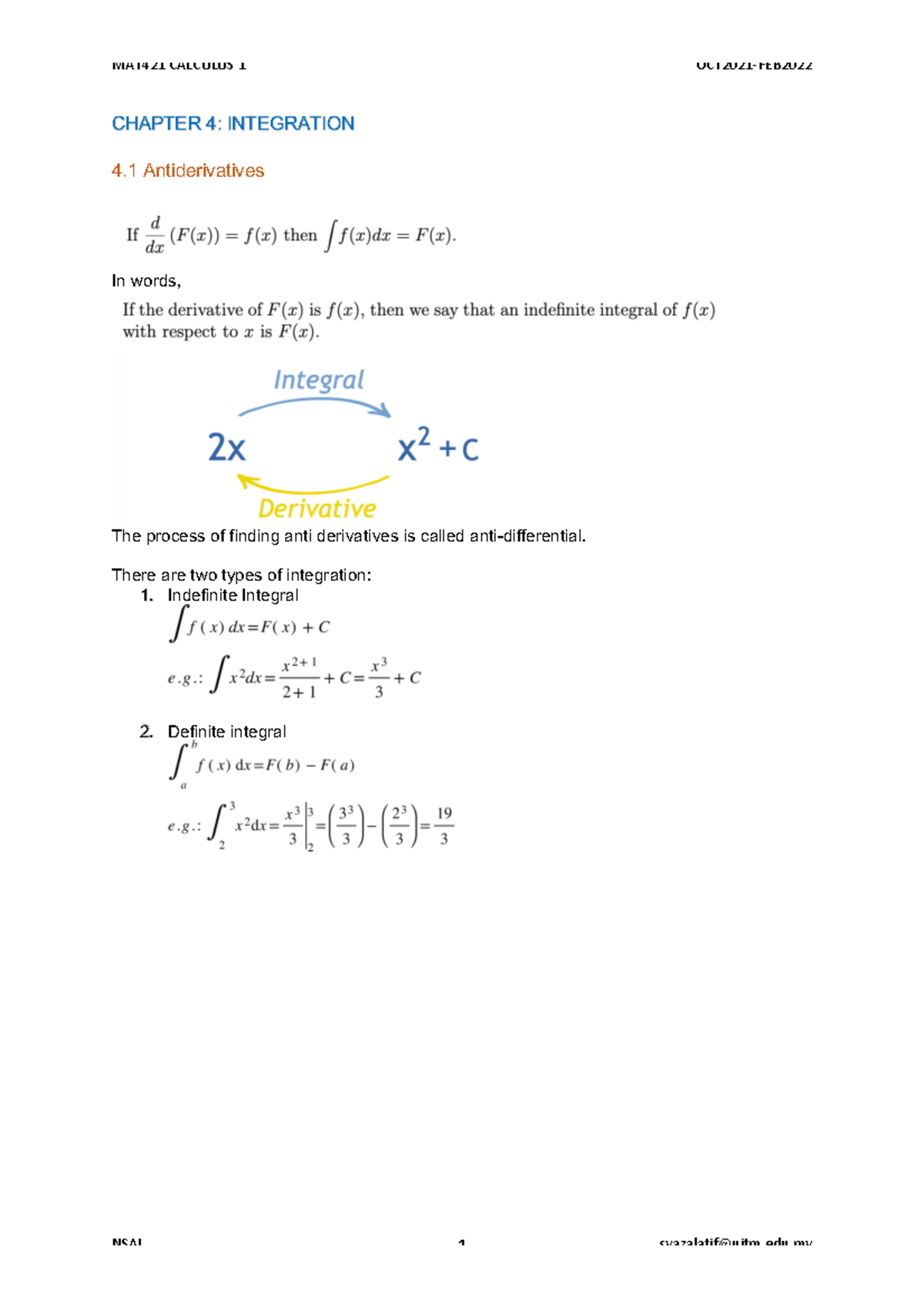 Introduction to Integration - Mathematic - CHAPTER 4 : INTEGRATION 4 Antiderivatives In words ...