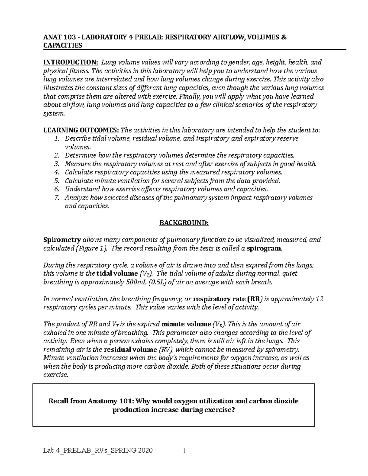 HSCI 103 Lab 4 Handout - Mary Flynn - ANAT 103 - LABORATORY 4 PRELAB: RESPIRATORY AIRFLOW ...