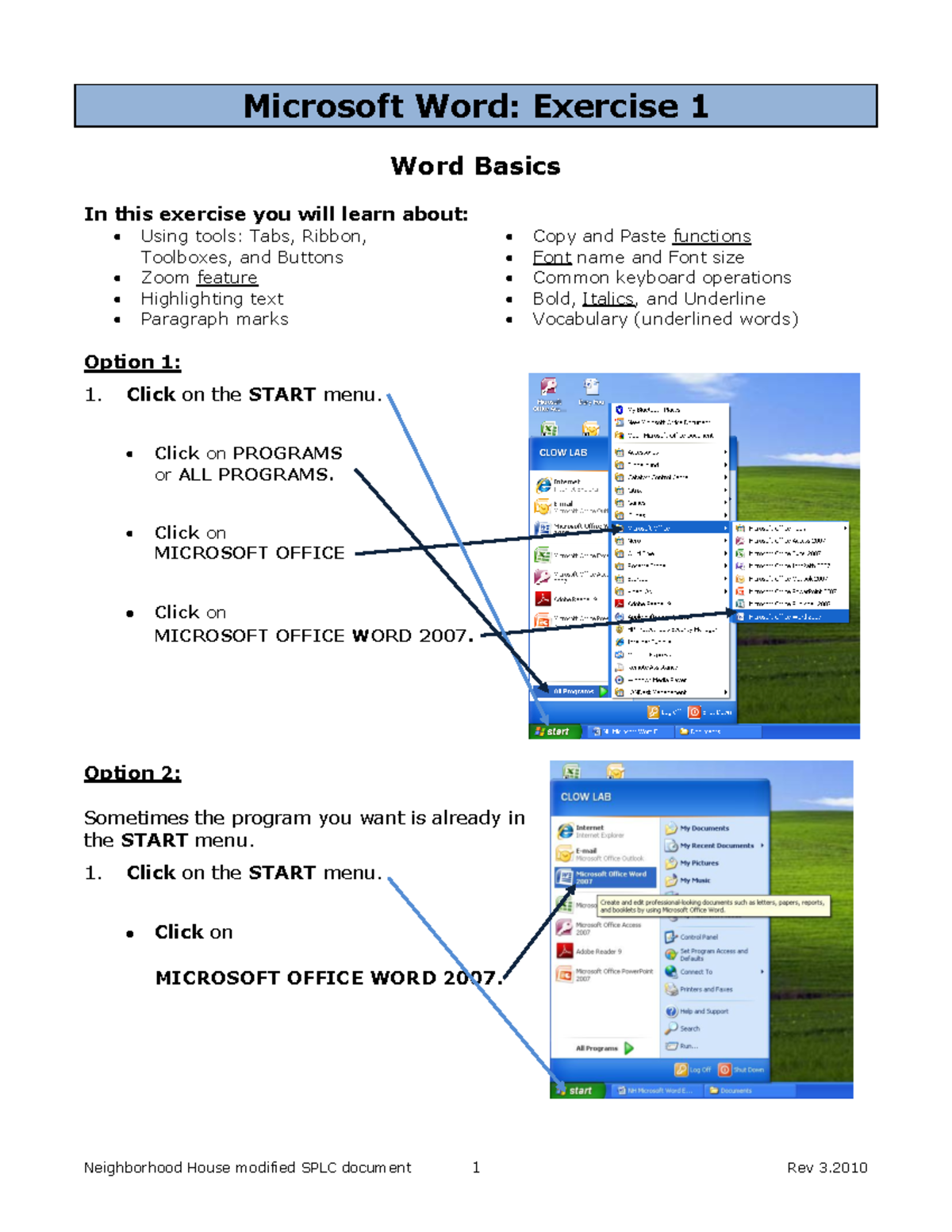 Microsoft Word Basics - I like it - Neighborhood House modified SPLC ...