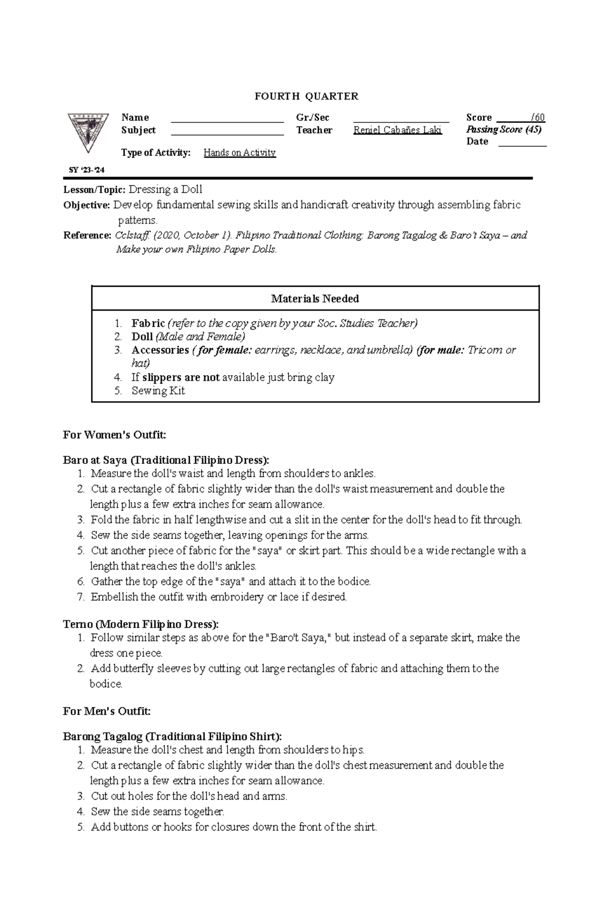 Q4 Practical Exam - This is just a sample - FOURTH QUARTER SY ‘23 ...
