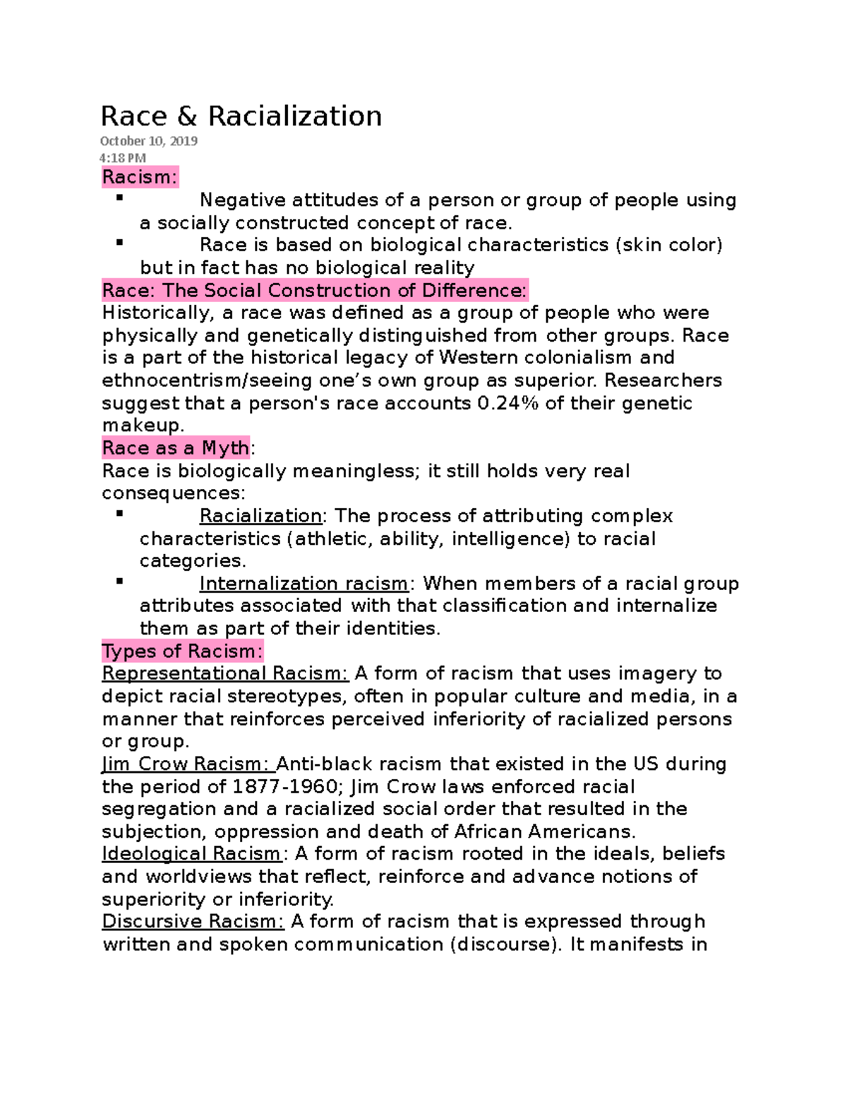 Race ^0 Racialization - Lecture notes 6 - Race & Racialization October ...