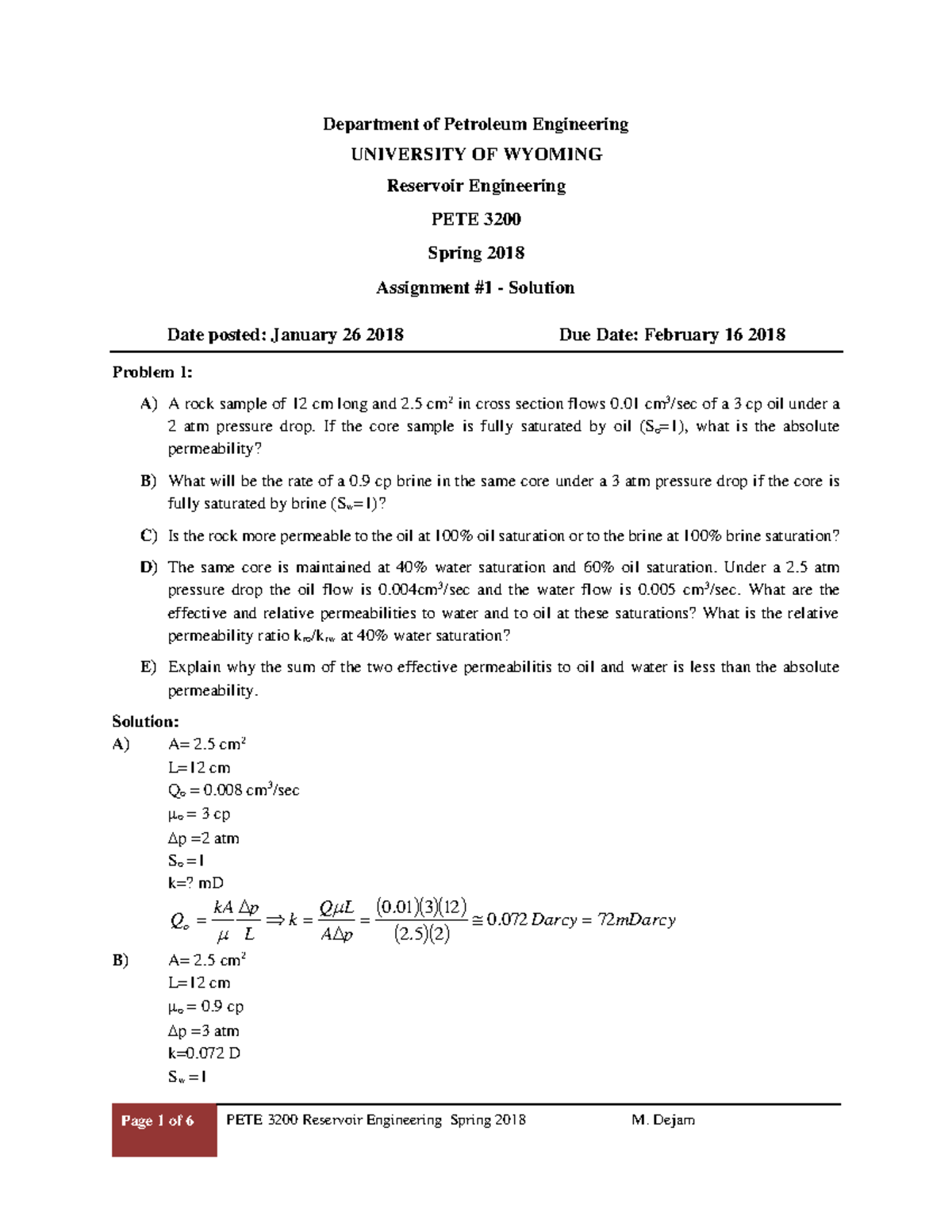 Assignment #1 Solution - Department of Petroleum Engineering UNIVERSITY ...