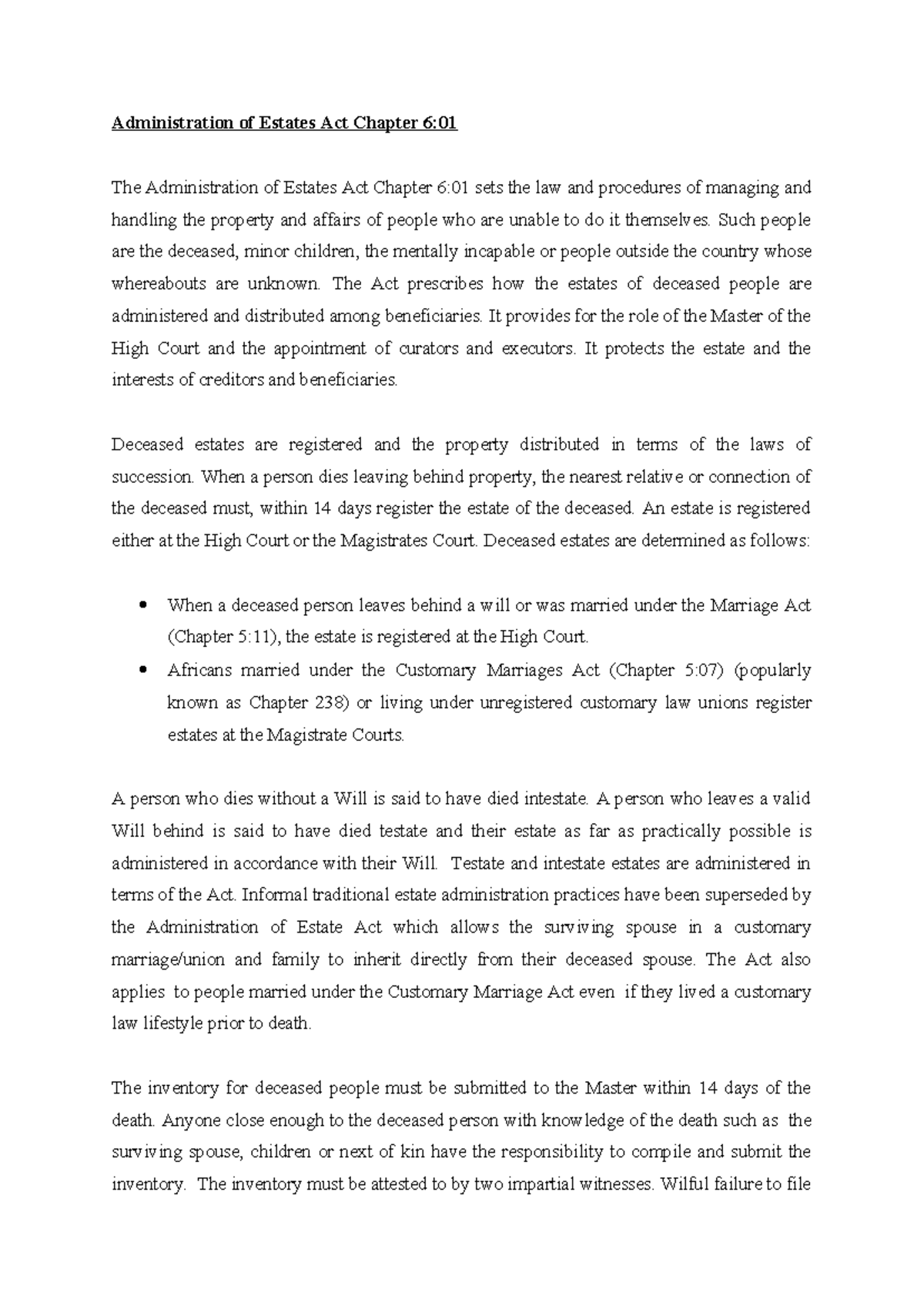 Administration of Estates Summary - Administration of Estates Act ...