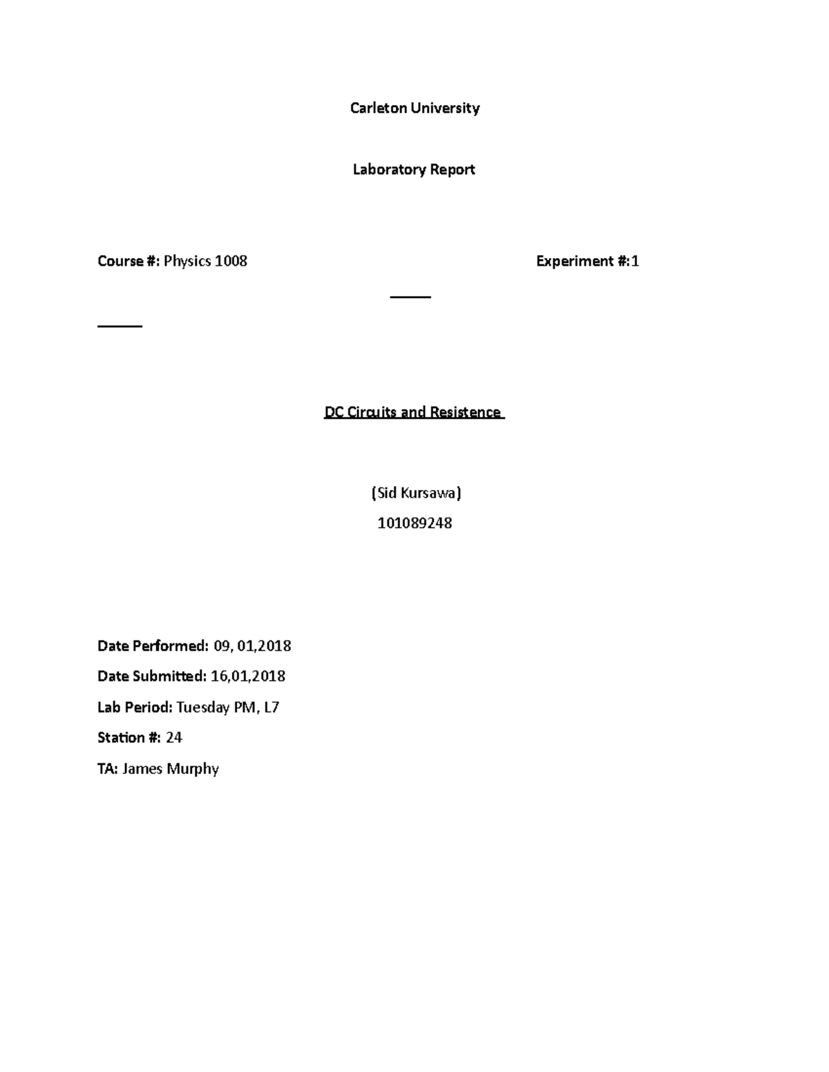 DC Circuits and Resistence - Carleton University Laboratory Report ...