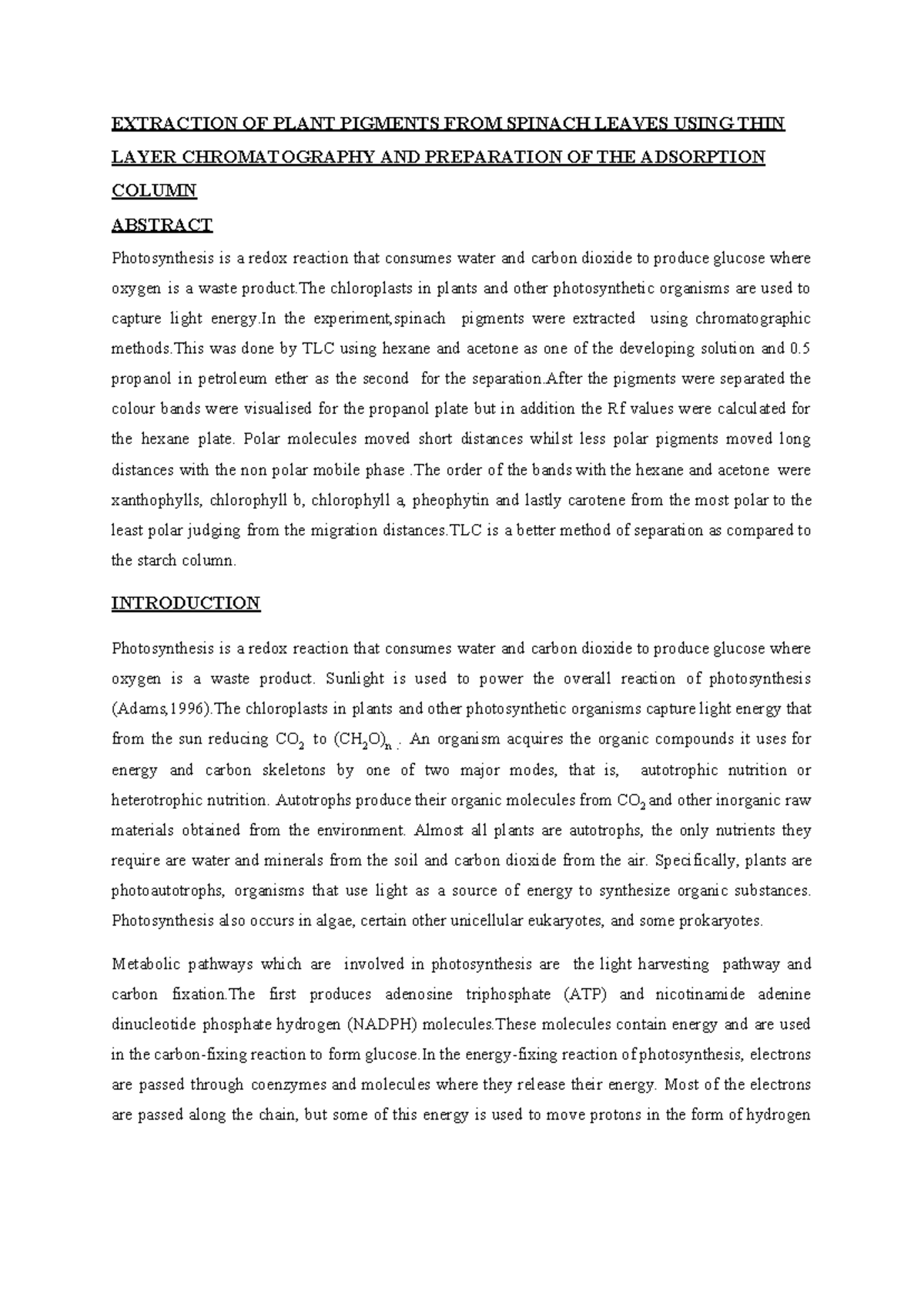 Extraction of plant pigments from spinach - EXTRACTION OF PLANT ...