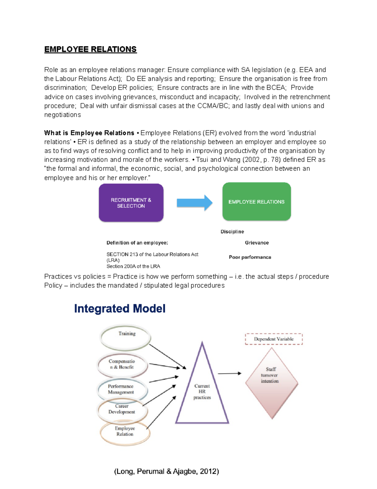 BUS2024F notes w5 - Employee relations - EMPLOYEE RELATIONS Role as an ...