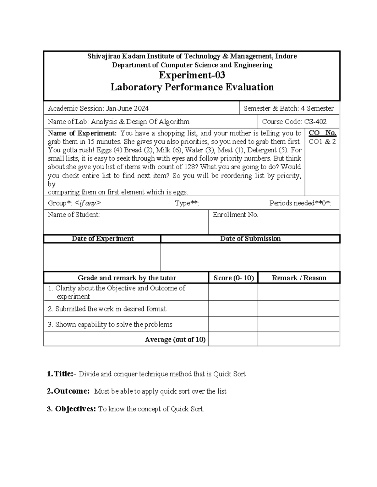LAB Manual FOR ADA CS 402 - Shivajirao Kadam Institute of Technology & Management, Indore - Studocu