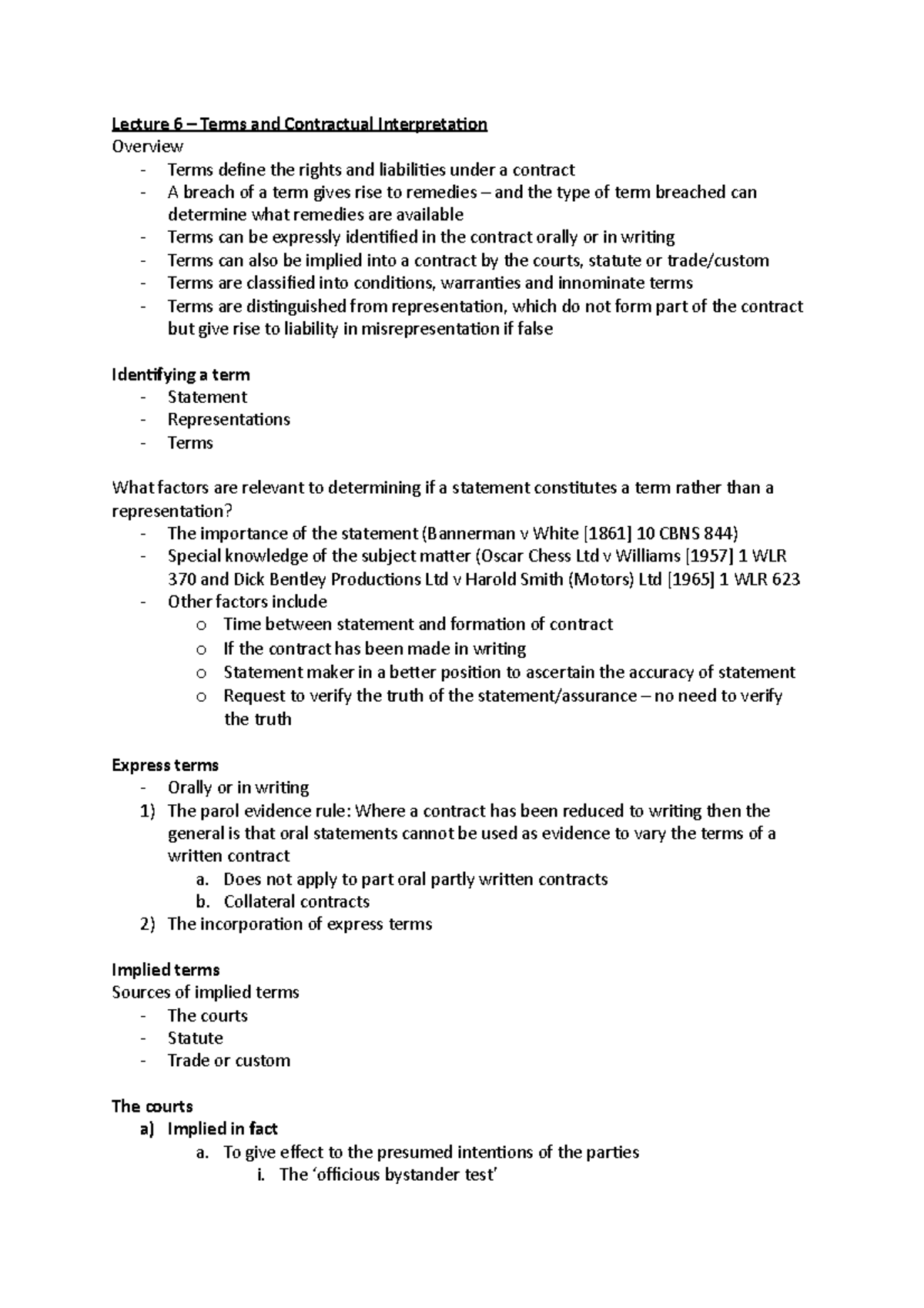 Lecture 6 - terms and contractual interpretation - Lecture 6 – Terms ...