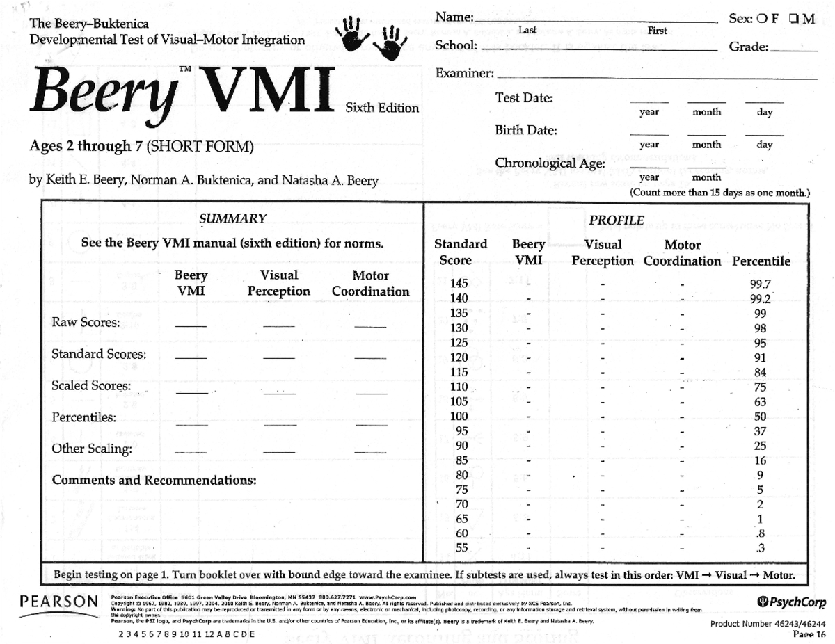 Berry VMI 2-100 ages - Protocolo - Name: Sex: F The M Last First ...