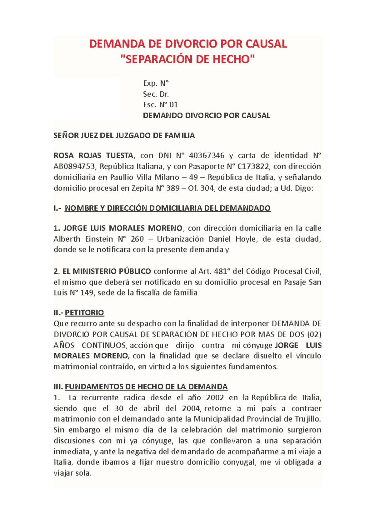 Demanda DE Divorcio POR Causal DE Separación DE Hecho - DEMANDA DE DIVORCIO POR CAUSAL - Studocu
