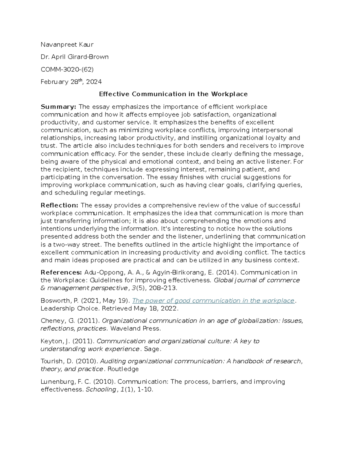 Informal Report - Navanpreet Kaur Dr. April Girard-Brown COMM-3020-(62 ...