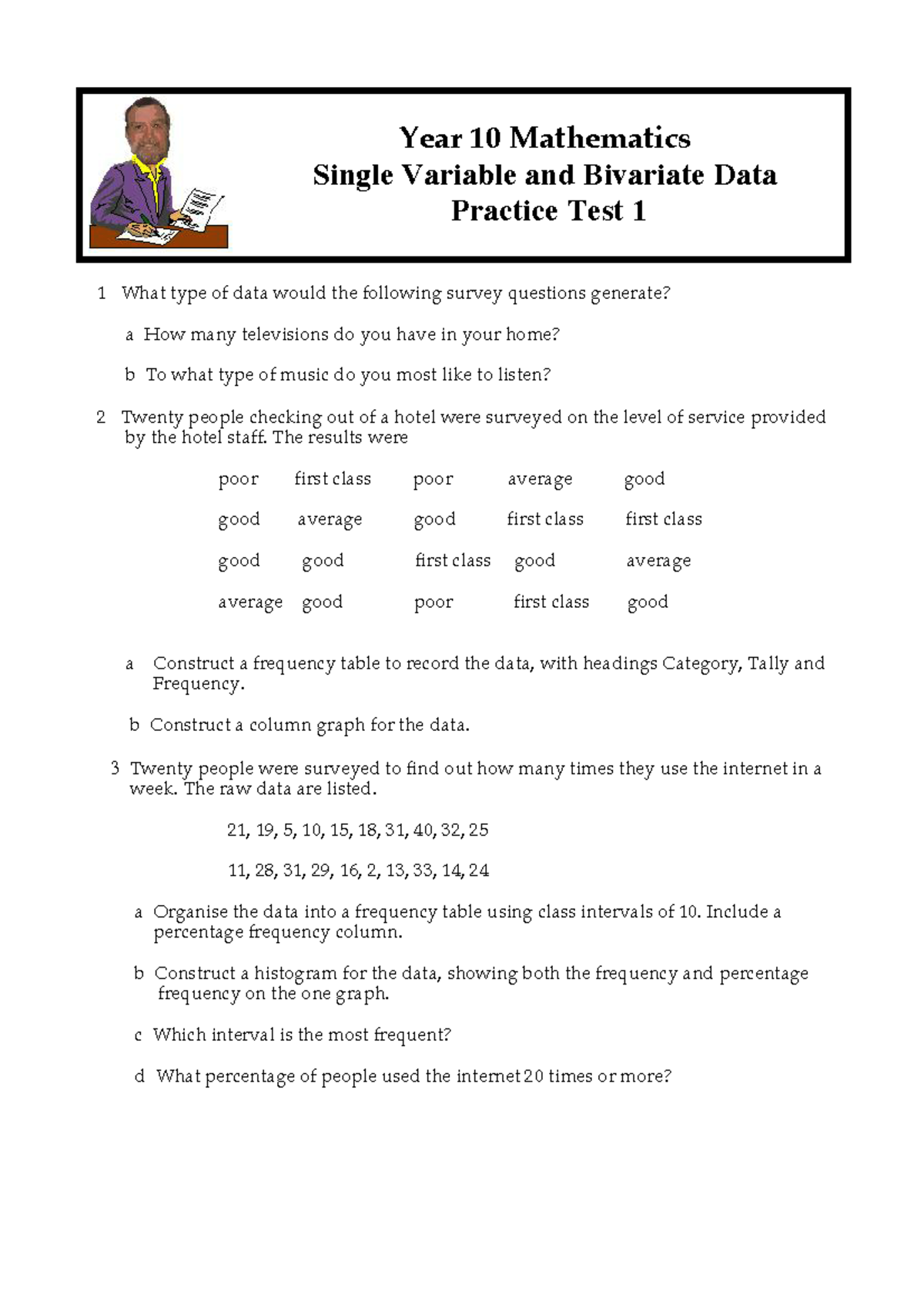 bivariate data worksheet for year 10 - Year 10 Mathematics Single ...