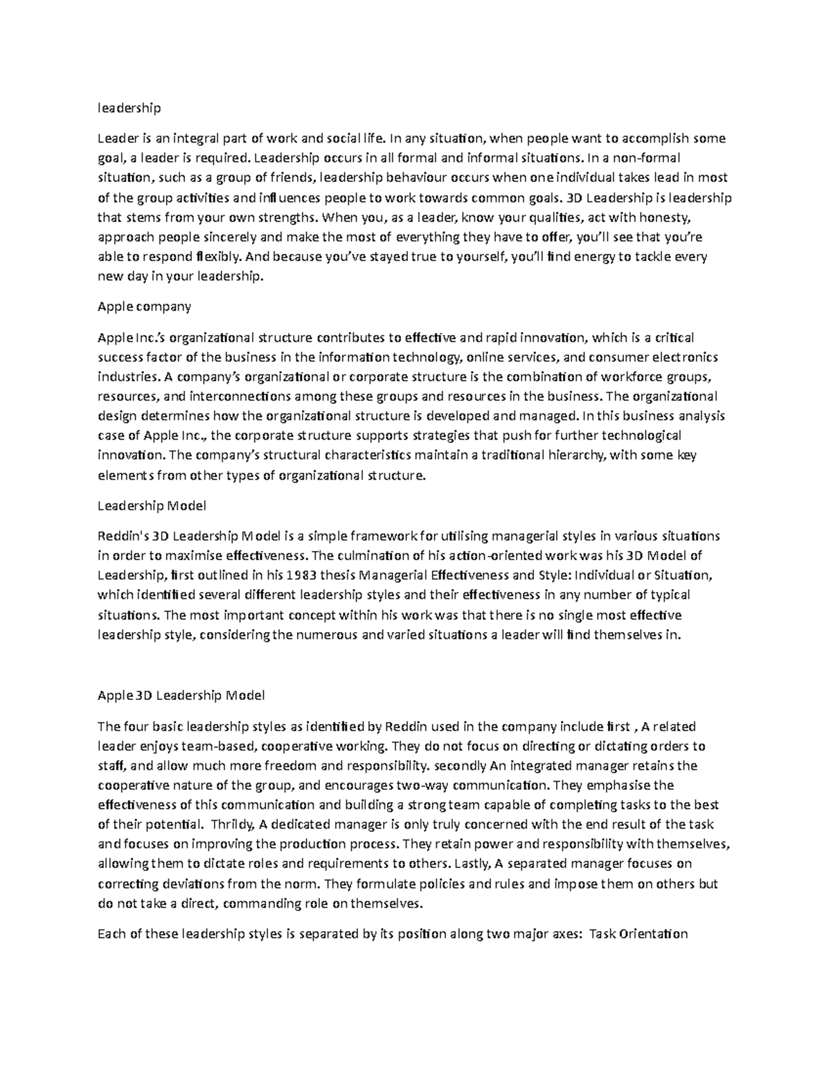 Leadership assignment - leadership Leader is an integral part of work ...