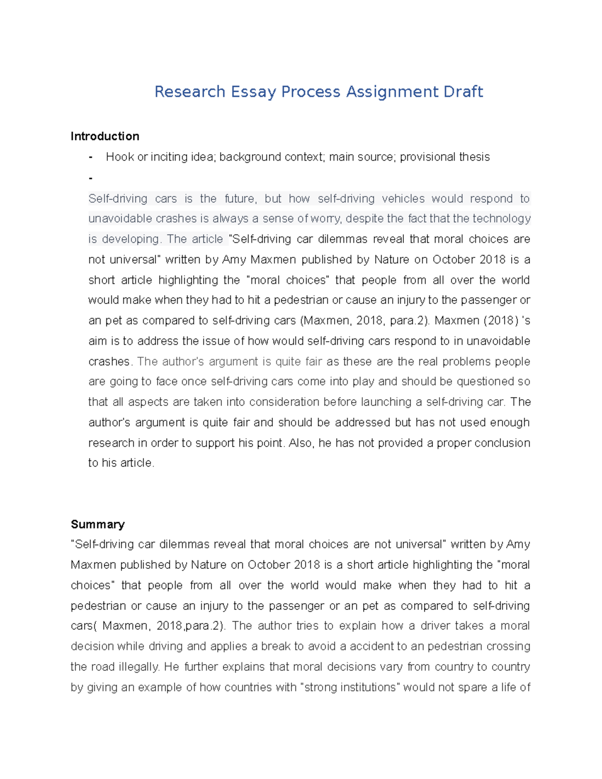 Draft - Research Essay Process Assignment Draft Introduction - Hook or ...