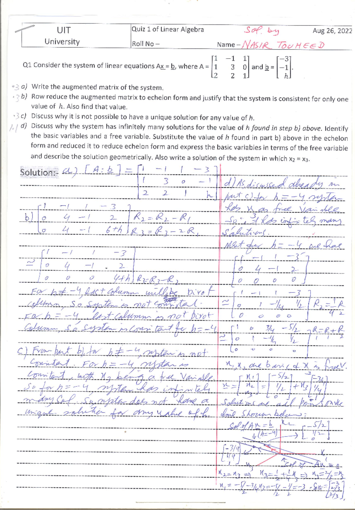 Quiz 1 of LA Aug 26 2022 Sol - Calculus - Studocu