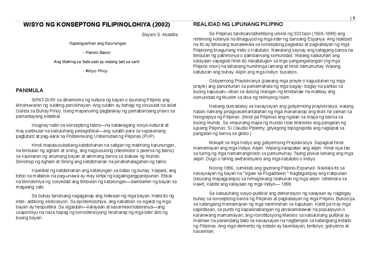 Wisyo ng Konseptong Filipinohiya - WISYO NG KONSEPTONG FILIPINOLOHIYA ...