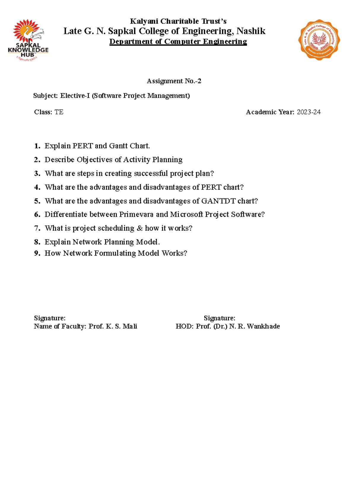 TE SPM Assignment no 2 - Kalyani Charitable Trust’s Late G. N. Sapkal College of Engineering ...