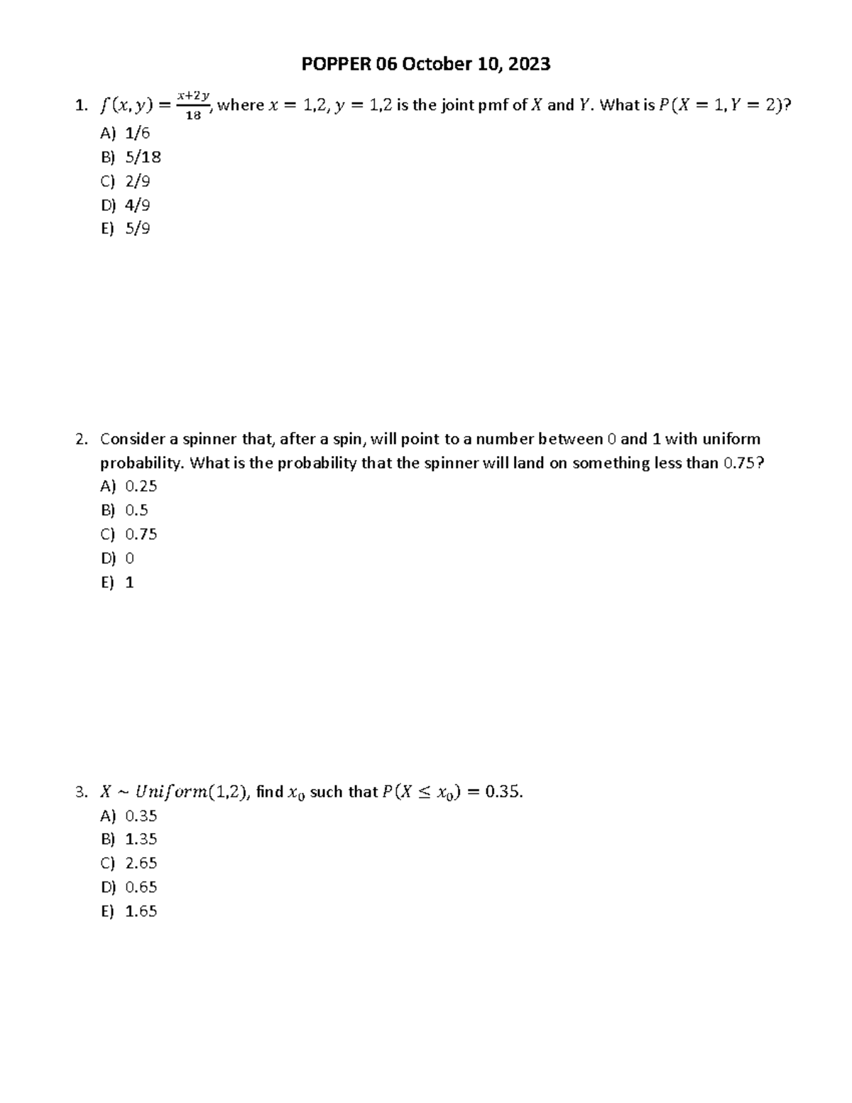 Popper 06 - Quick review questions - POPPER 06 October 10 , 202 3 1. 𝑓 ...