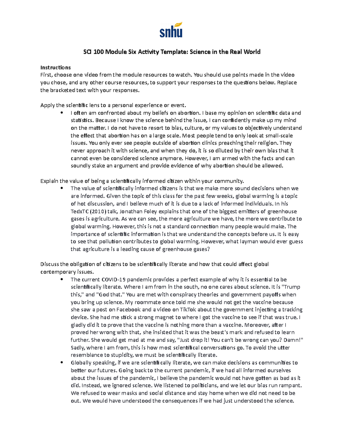Module 6 - Real World Science - SCI 100 Module Six Activity Template ...