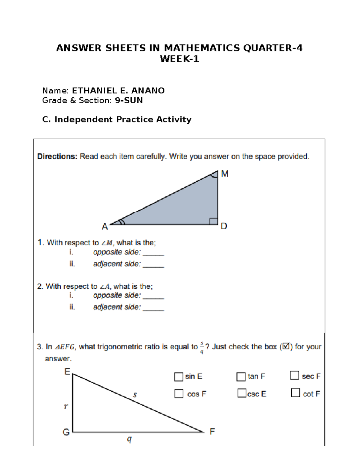 ANS. Sheets IN MATH WEEK-1 (Q-4 Anano) - ANSWER SHEETS IN MATHEMATICS ...