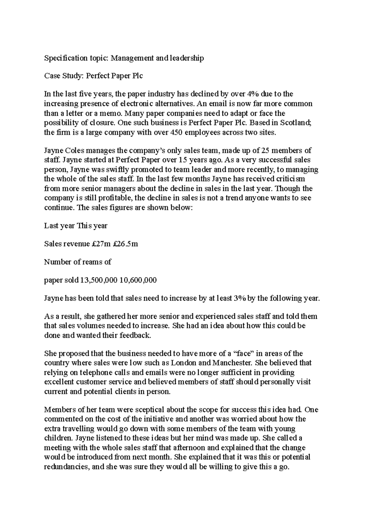 Business assessemnt 3 10 - Specification topic: Management and ...