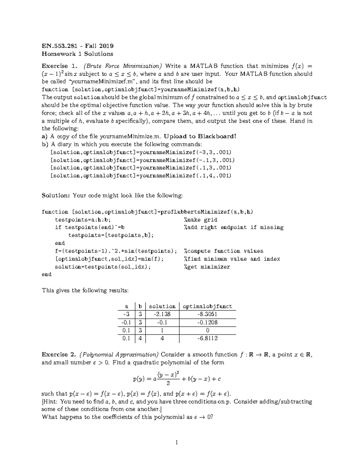 Homework 1-2020-solution - EN.553 - Fall 2019 Homework 1 Solutions Exercise 1. (Brute Force ...