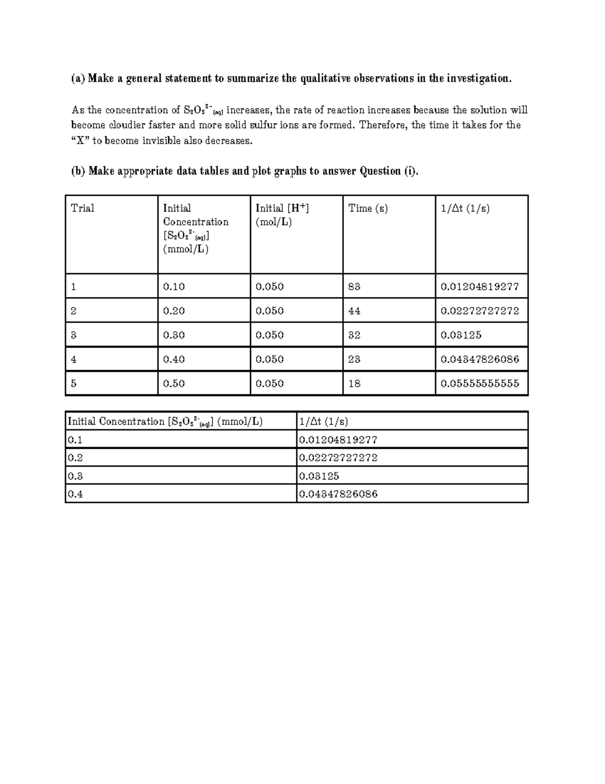 Lab Exercise 6.4.1 - The Sulfur Clock - (a) Make a general statement to ...