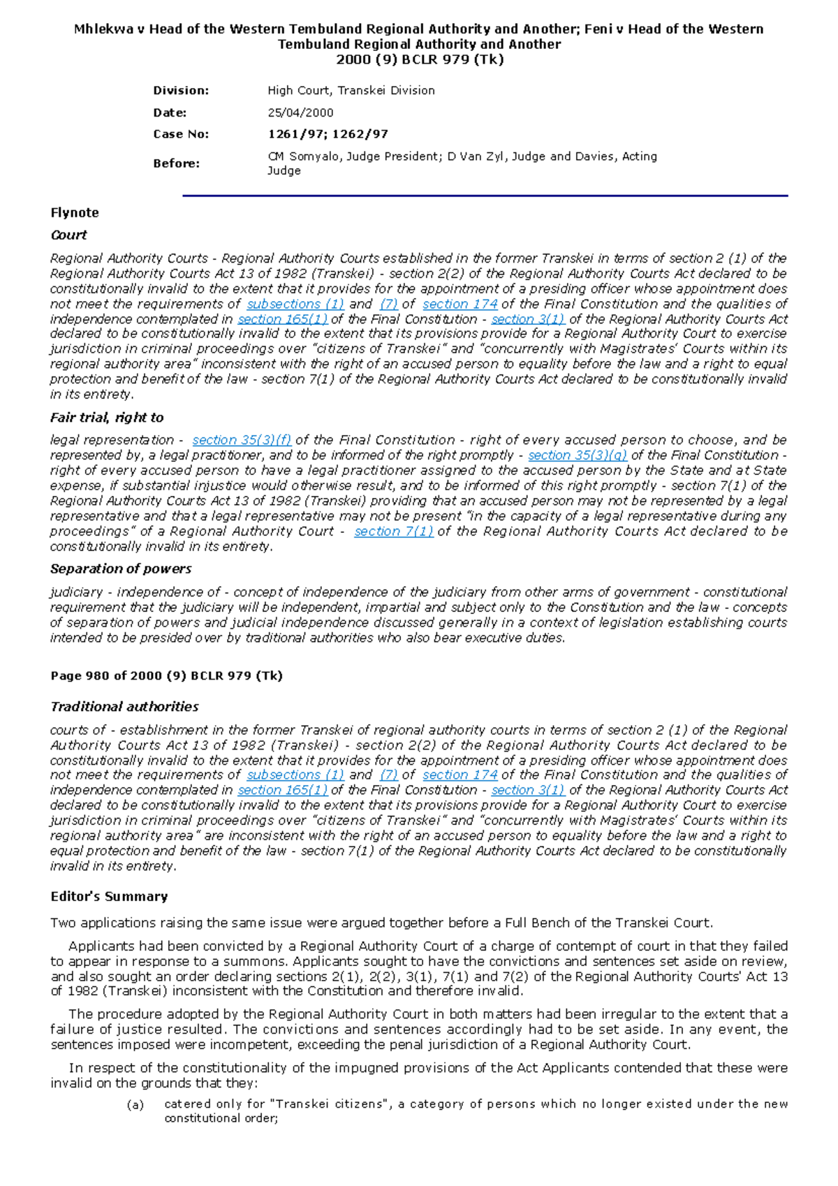 Mhlekwa v Head of the Western Tembuland Regional Authority and Another ...