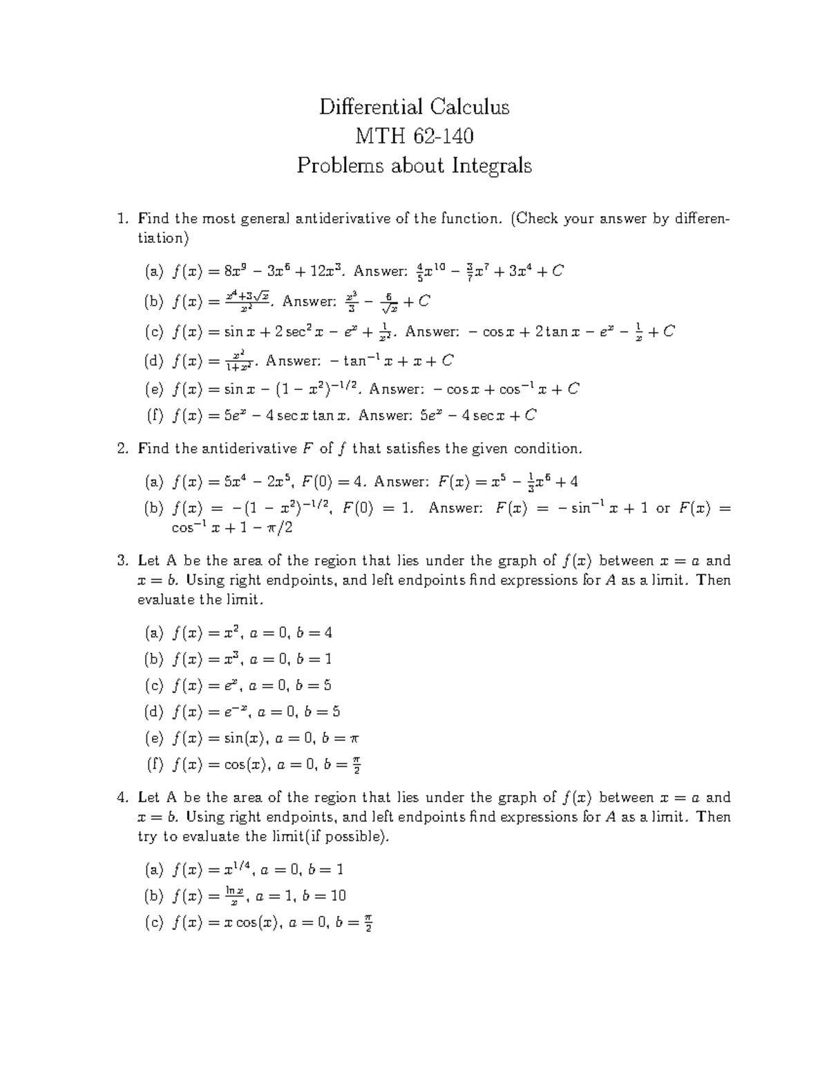 Sample Problems For Antiderivatives And Definite Integrals ...