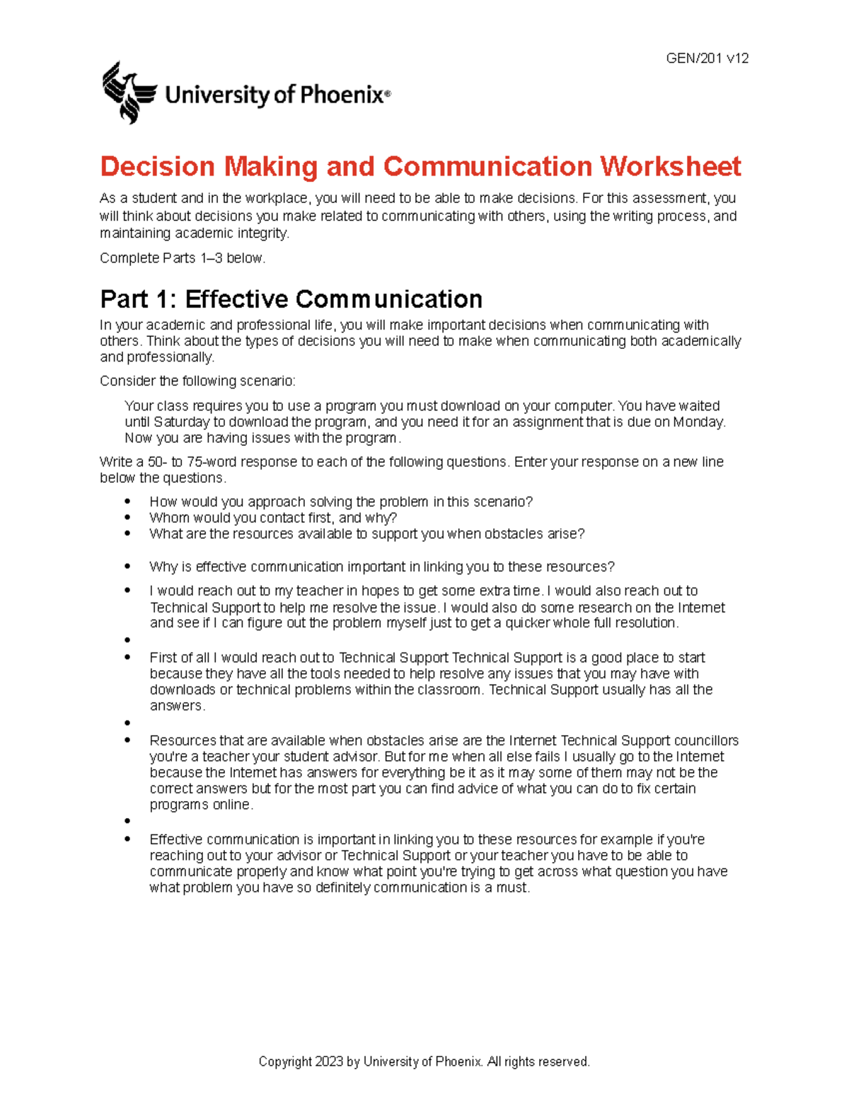 Completed Decision Making - GEN/201 v Decision Making and Communication ...