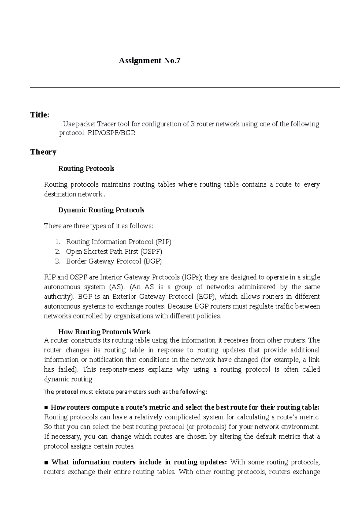 CNSL7 - Codes - Assignment No. Title: Use packet Tracer tool for configuration of 3 router ...