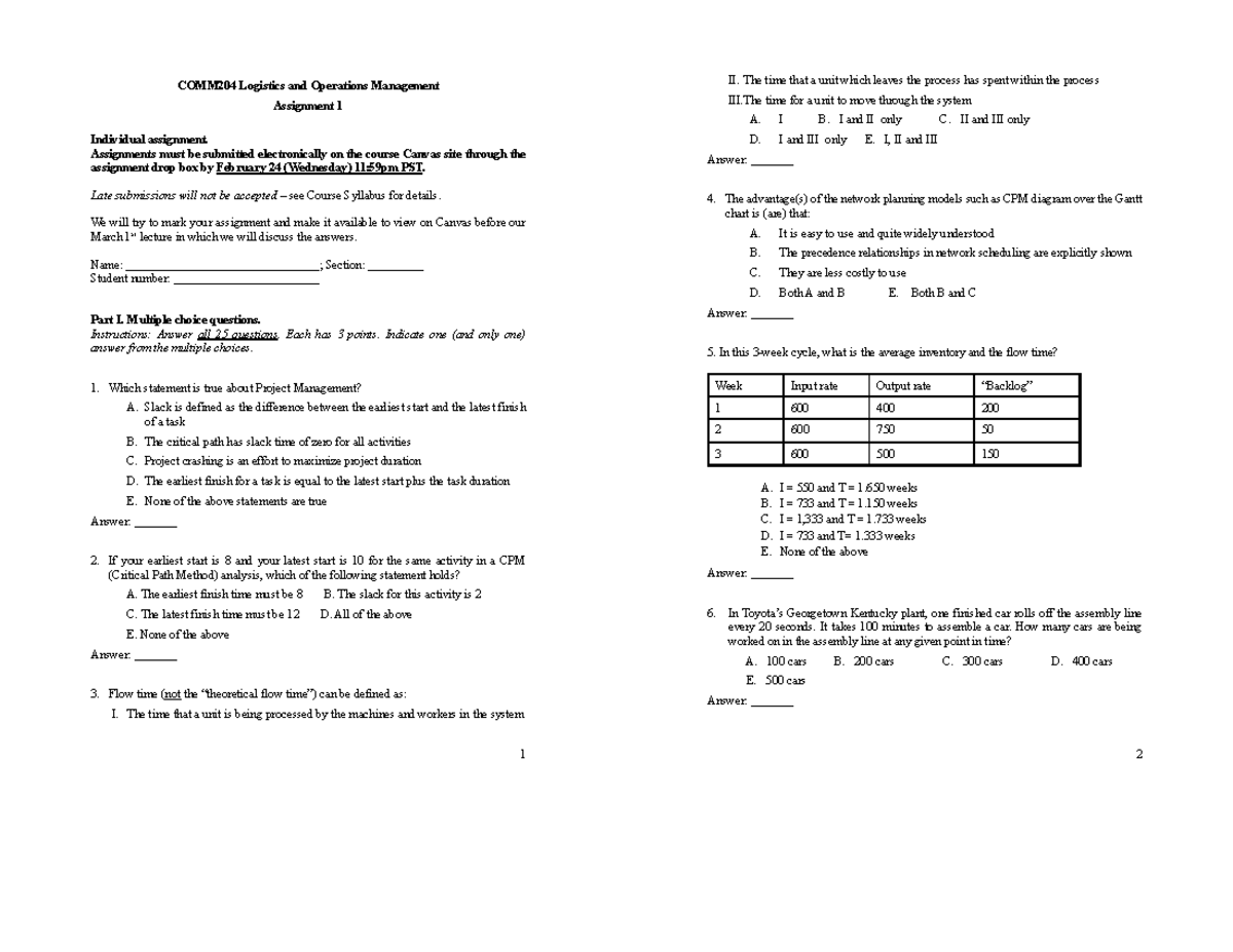 Assignment-Practice - COMM204 Logistics and Operations Management Assignment 1 Individual - Studocu