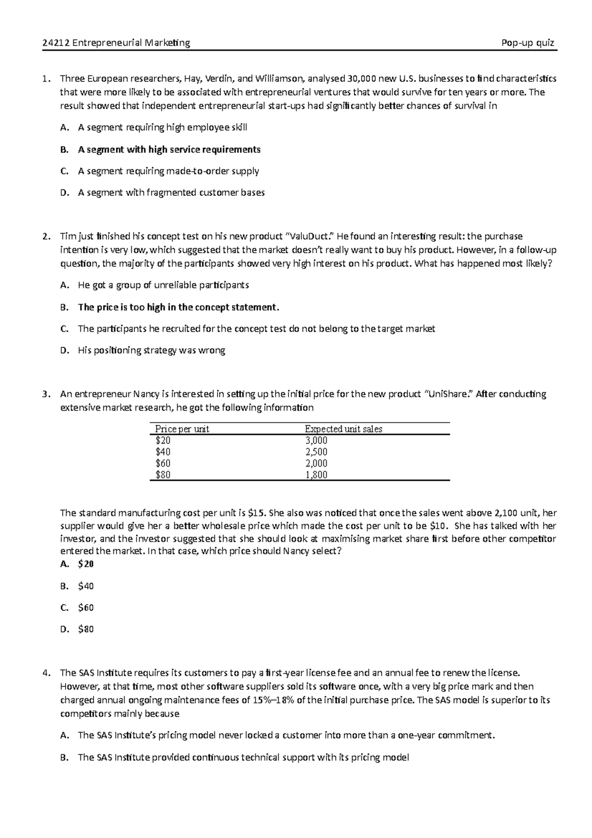 5 sample quiz questions from the past class (answers in bold fonts) - 24212 Entrepreneurial ...