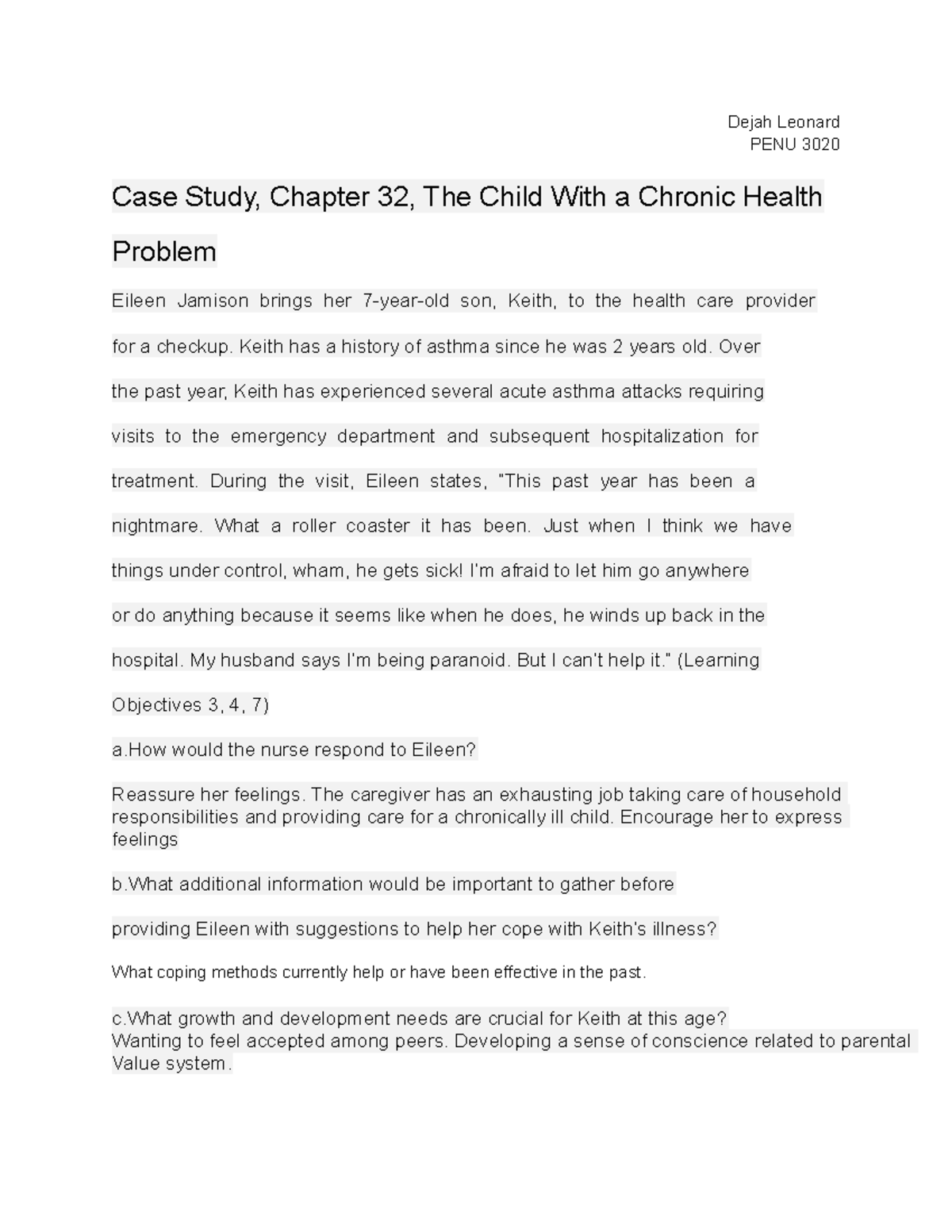 Peds Hw 2 - Pediatric case study - Dejah Leonard PENU 3020 Case Study ...