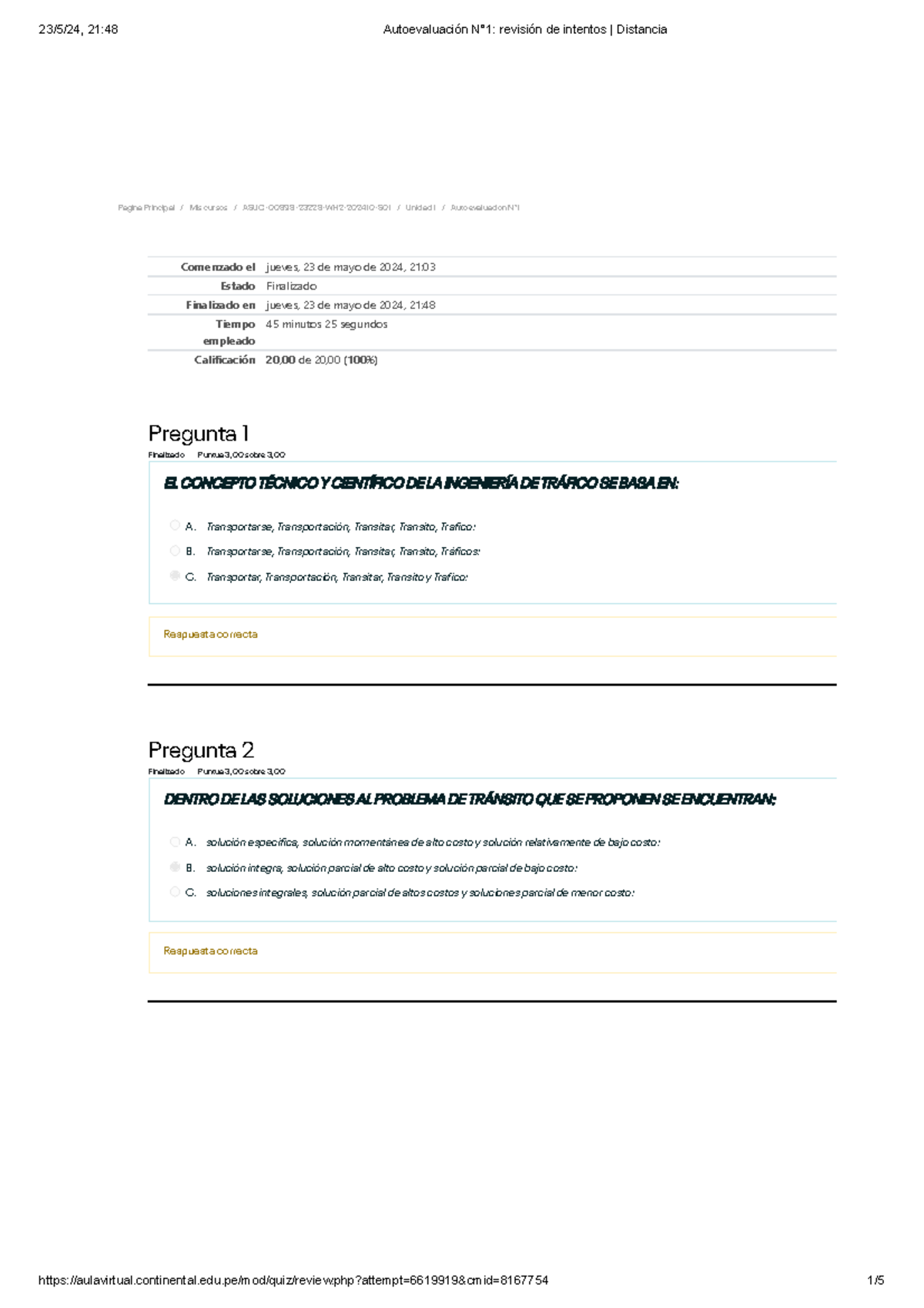 Autoevaluación N°1 revisión de intentos Distancia Transporte - Página Principal / Mis cursos ...