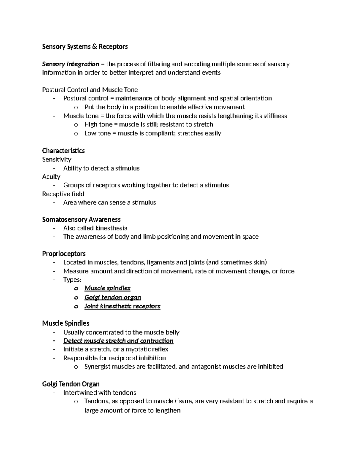 Sensory Systems & Receptors - Sensory Systems & Receptors Sensory ...