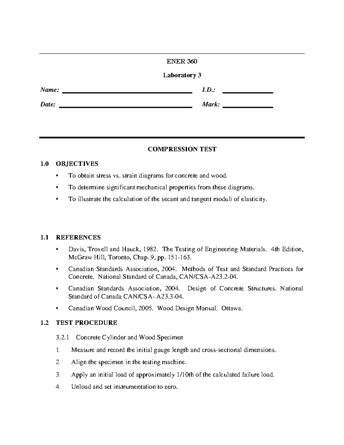 ENER360 lab3 F2022 - Compression Test Laboratory Manual for Mechanics ...