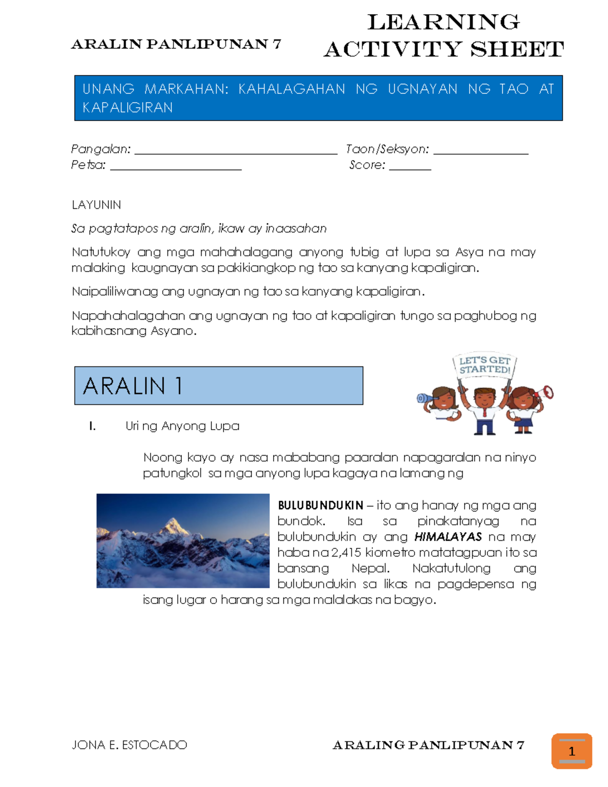 AP 7 Q1 - ARALIN PANLIPUNAN 7 JONA E. ESTOCADO ARALING PANLIPUNAN 7 ACTIVITY SHEET Pangalan ...