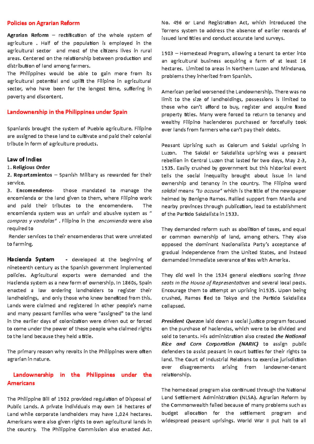 Cotemporary world - Policies on Agrarian Reform Agrarian Reform ...