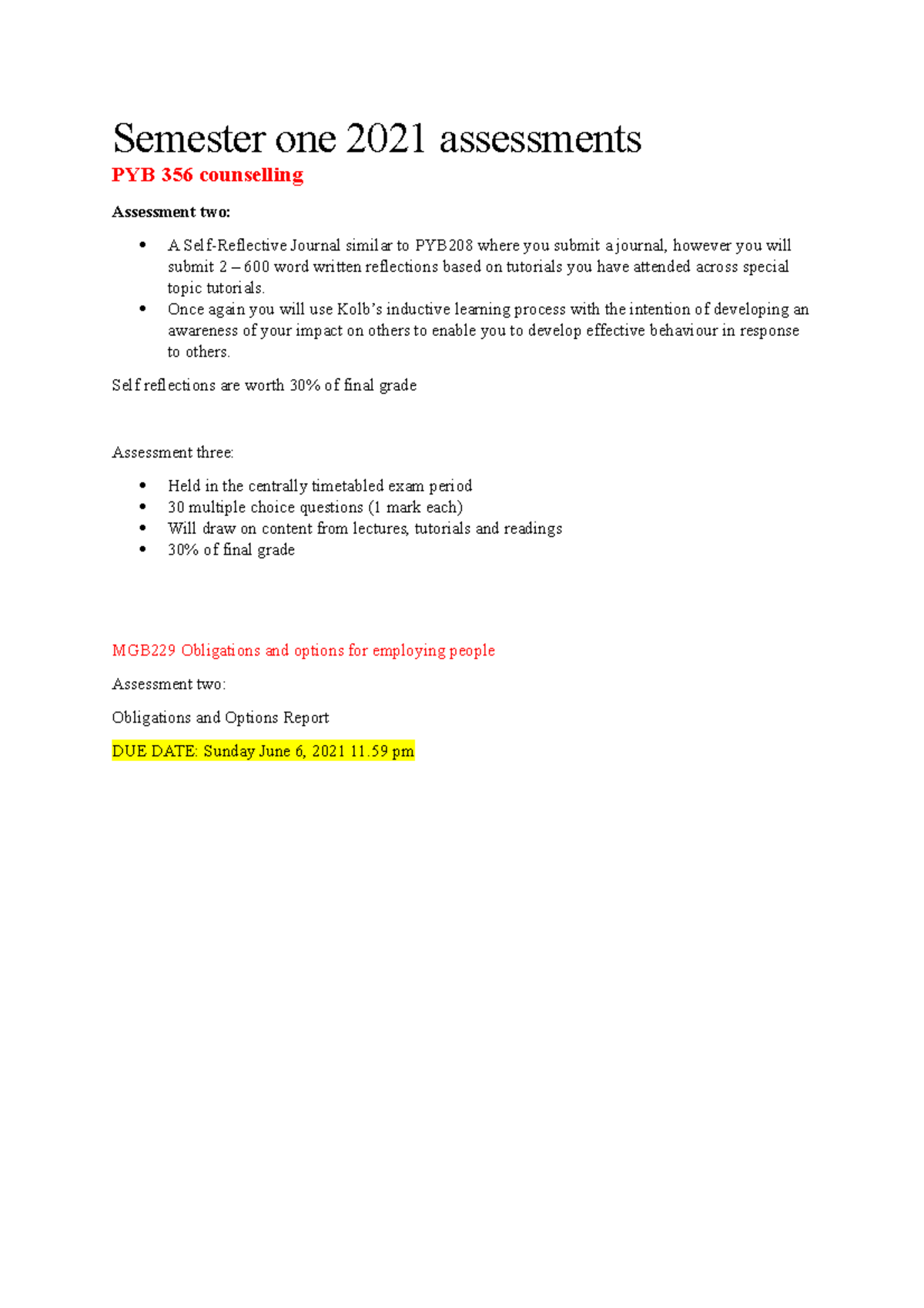 Semester one 2021 assessments ...